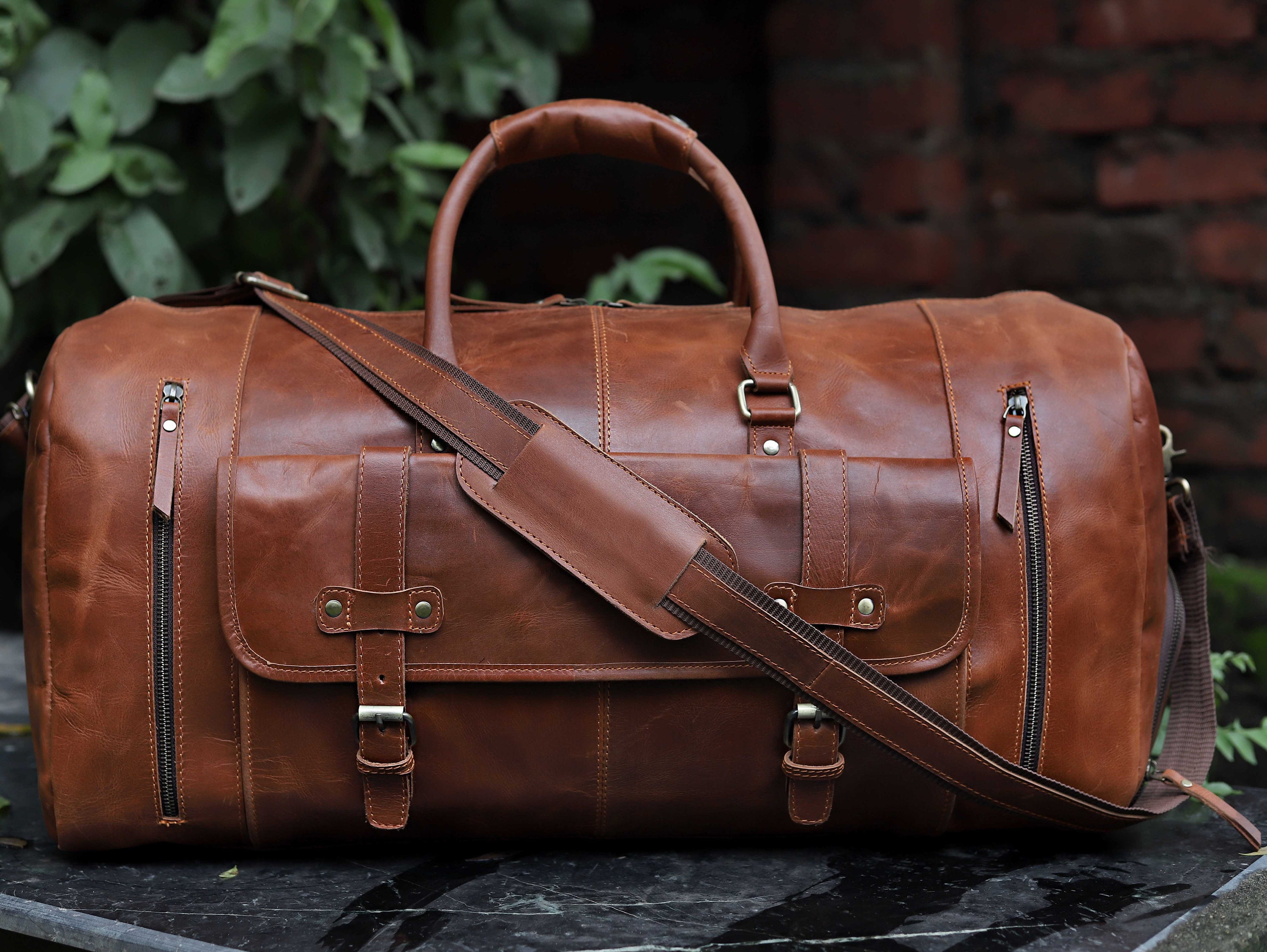 Full Grain Leather Duffle Bag/monogrammed Genuine Leather Weekender Bag ...