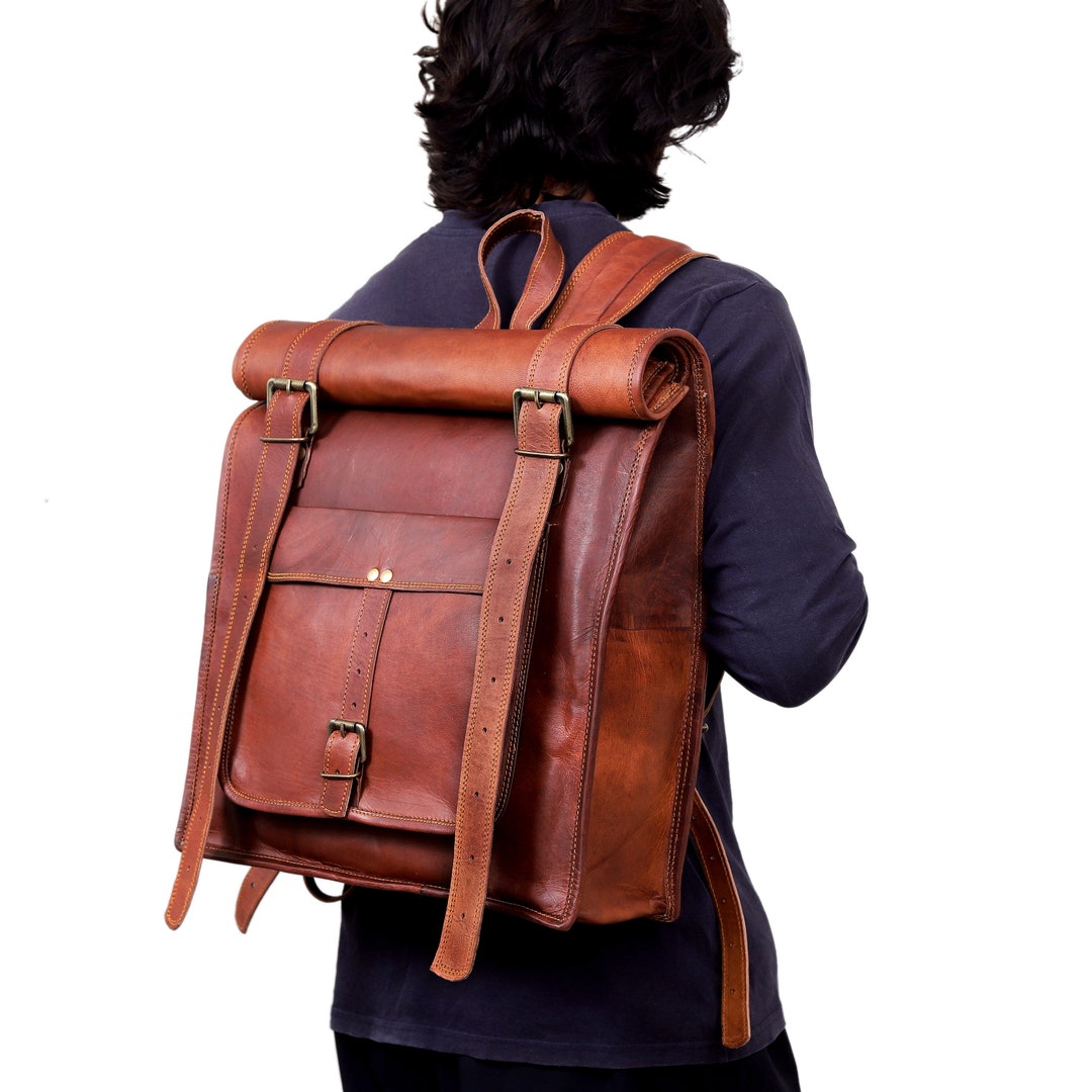 Genuine Leather Roll Top Backpack, Vintage Style Rucksack Laptop Bag ...