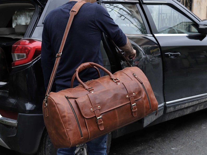 Full Grain Leather Duffle Bag Monogrammed Genuine Leather Weekender Bag