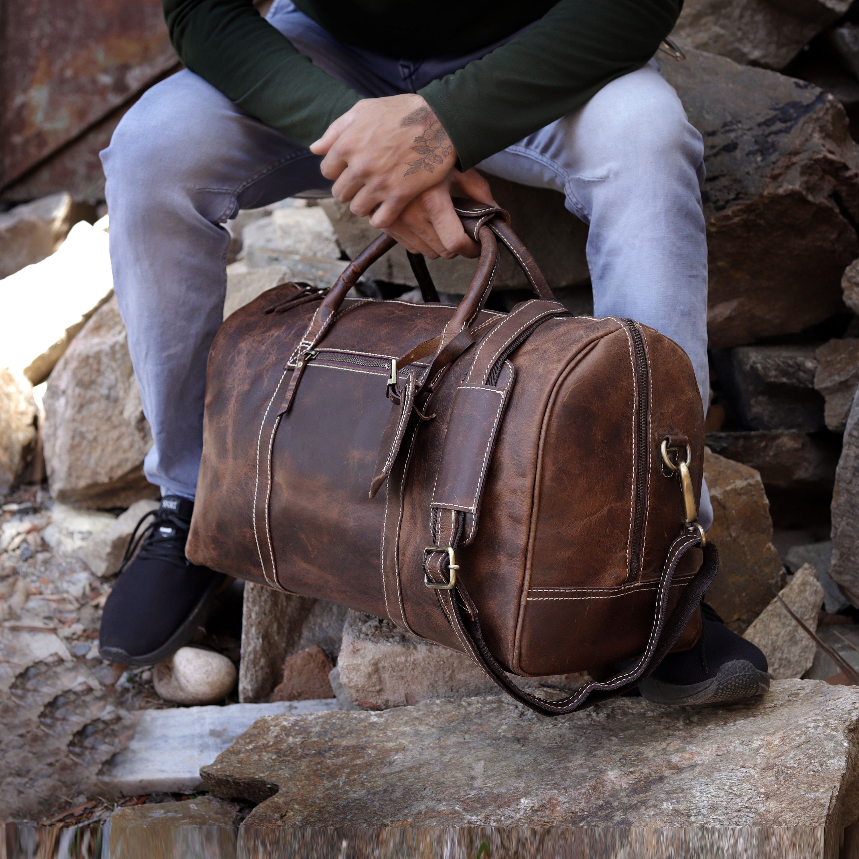 Full Grain Leather Duffle Bag Monogrammed Genuine Leather Weekender Bag