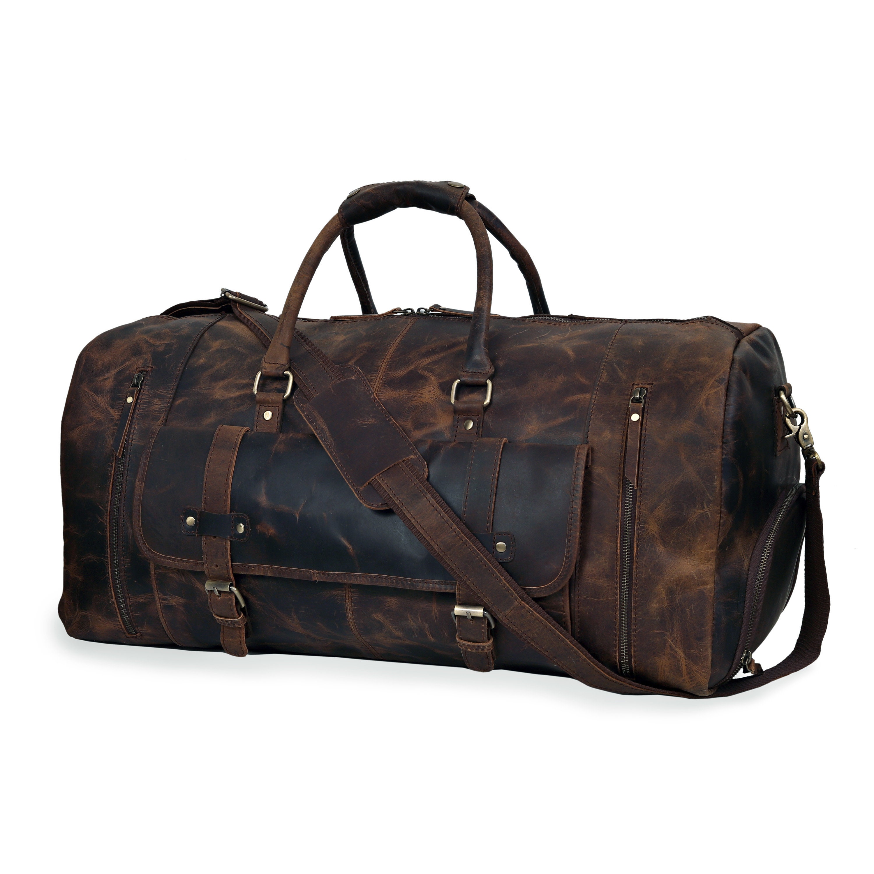 Full Grain Leather Duffle Bag Monogrammed Genuine Leather Weekender Bag