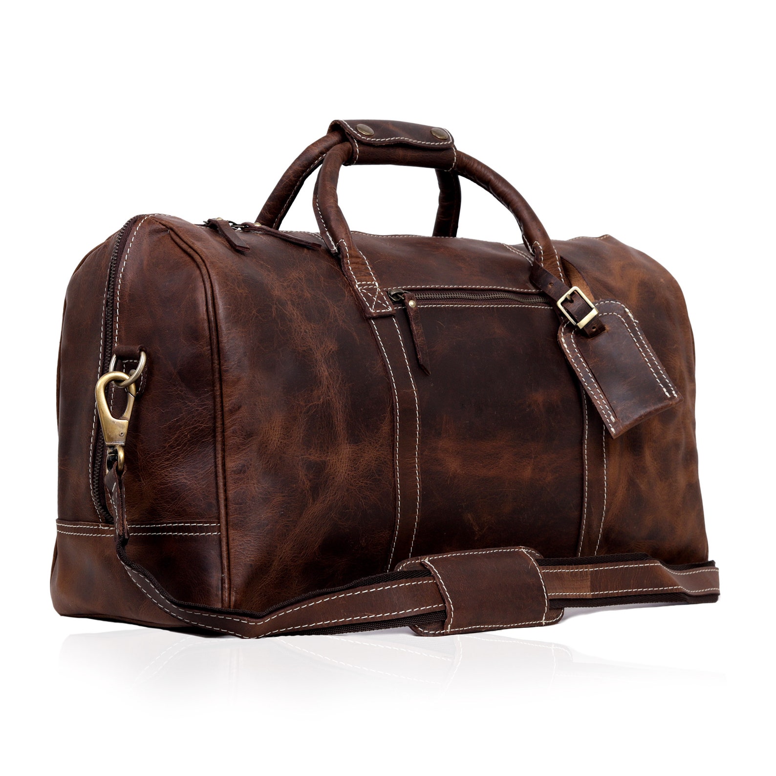 Full Grain Leather Duffle Bag Monogrammed Genuine Leather Weekender Bag