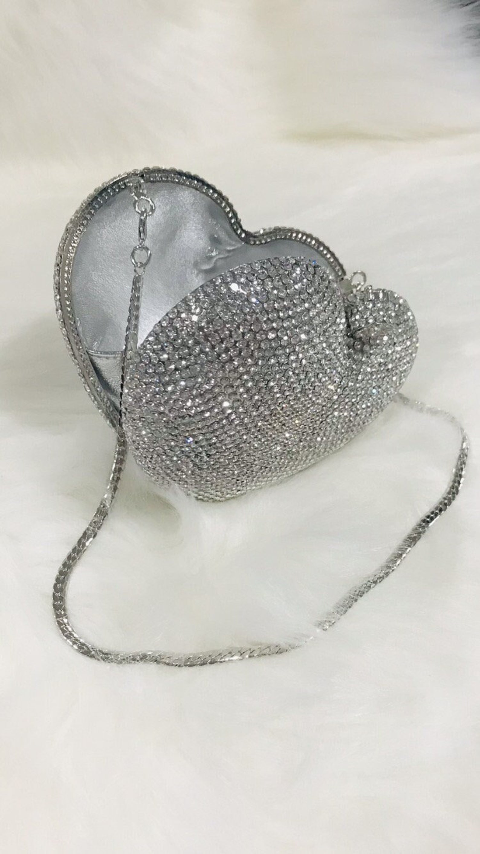 Heart Silver Luxury Evening Crystal Rhinestone Bridal Clutch Evening ...