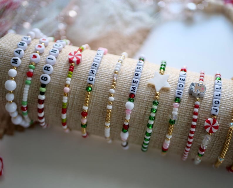 Beaded Christmas Bracelet, Personalized Holiday Stretchy Stack, Mama ...