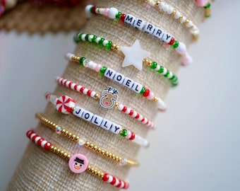 Beaded Christmas Bracelet, Personalized Holiday Stretchy Stack, Mama ...