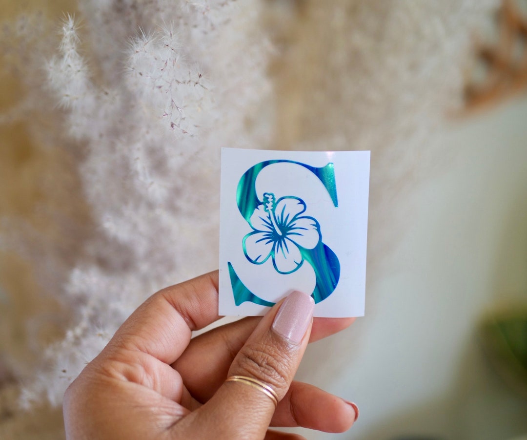 Holographic Floral Initial Decal, Hibiscus Monogram Sticker - Etsy