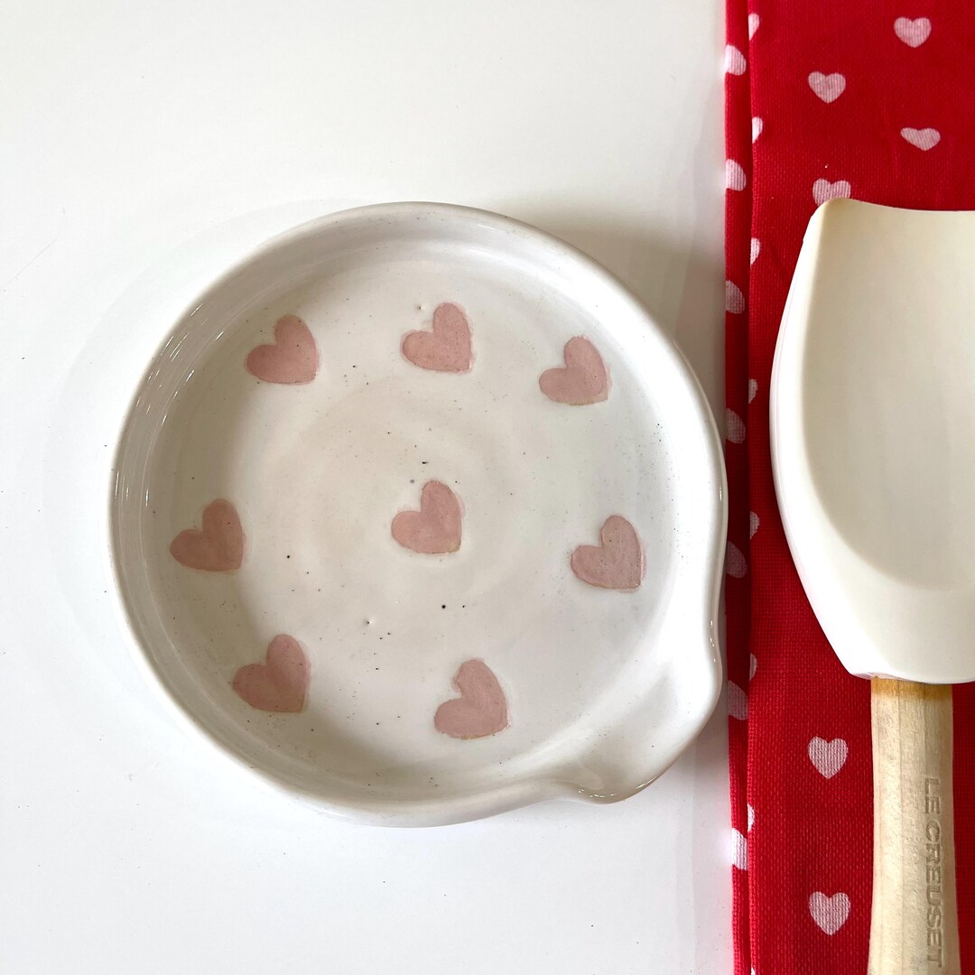 Pink Heart Spoon Rest, Ceramic Utensil Holder, Coffee Bar Rest ...
