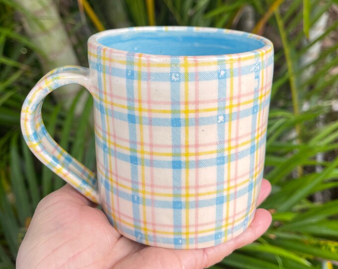 Handmade Plaid Mug, Ceramic Coffee Mug, Pottery Teacup in Pastel Colors ...
