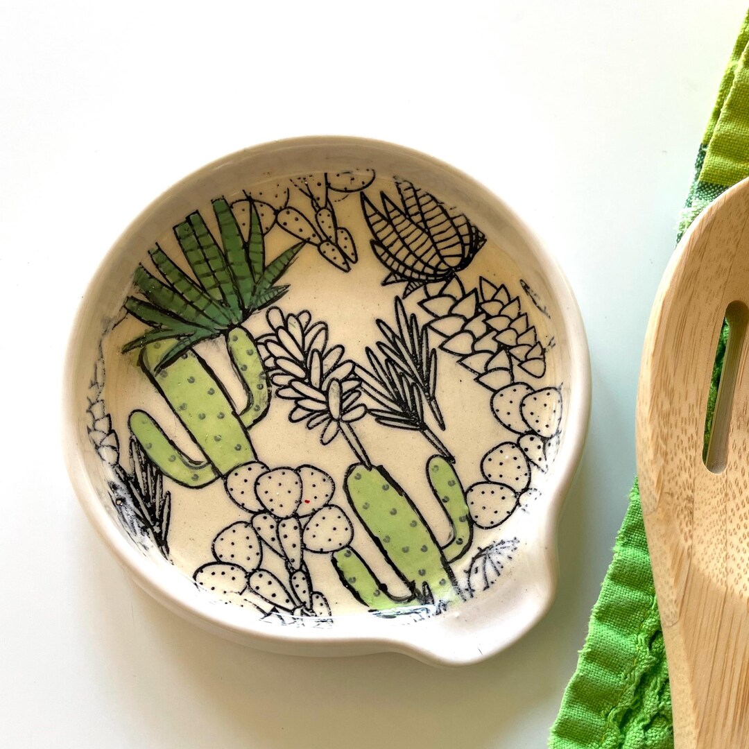 Cactus Spoon Rest. Utensil Holder With Botanical Art, Handmade Kitchen ...
