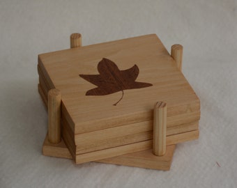 Wood Inlay Coasters With Caddy Marquetry Drink Beverage 3.5” Set of 6 ...