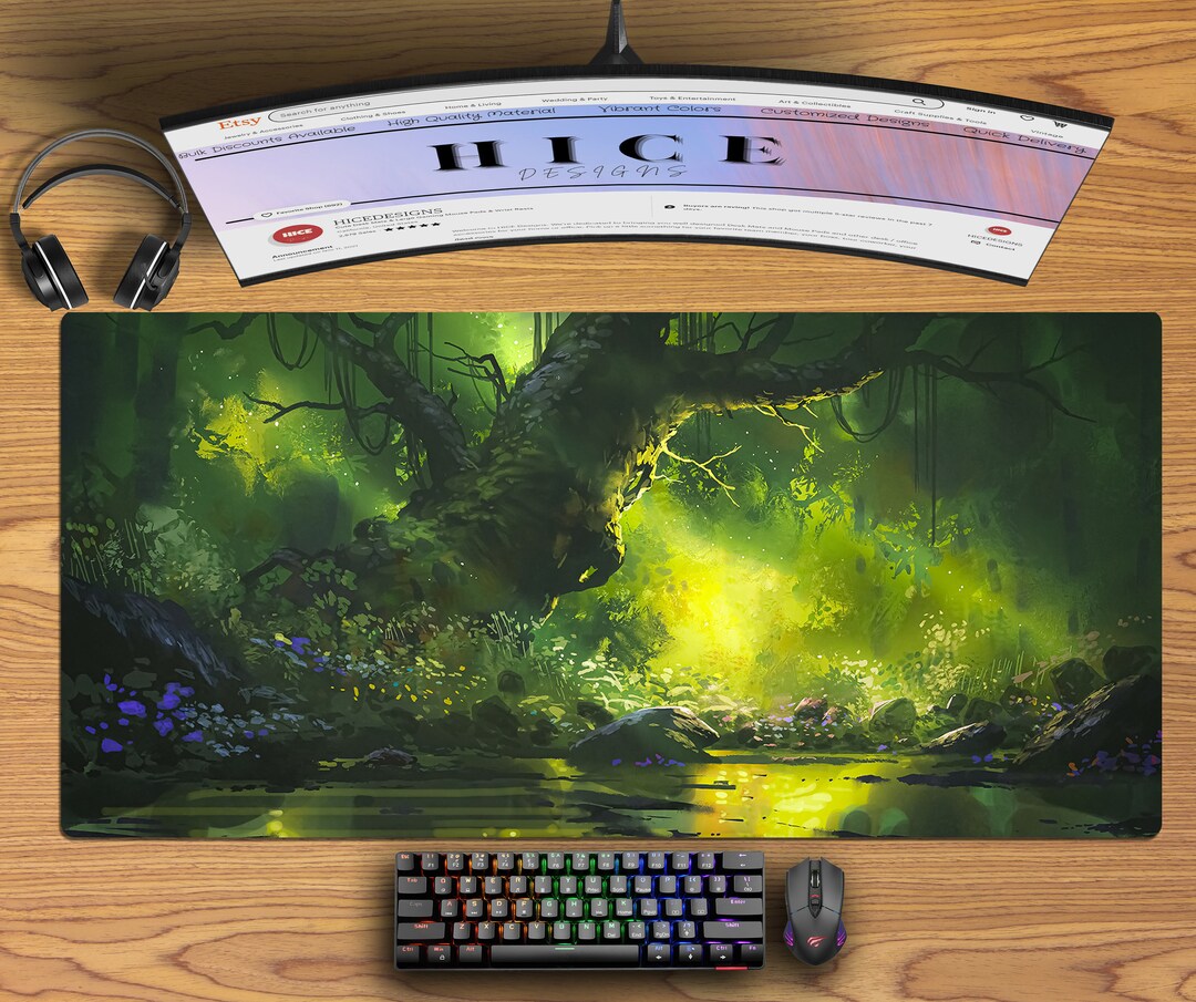 Magical Deep Forest Green Desk Mat, Large Anime Desk Mat for Gaming ...