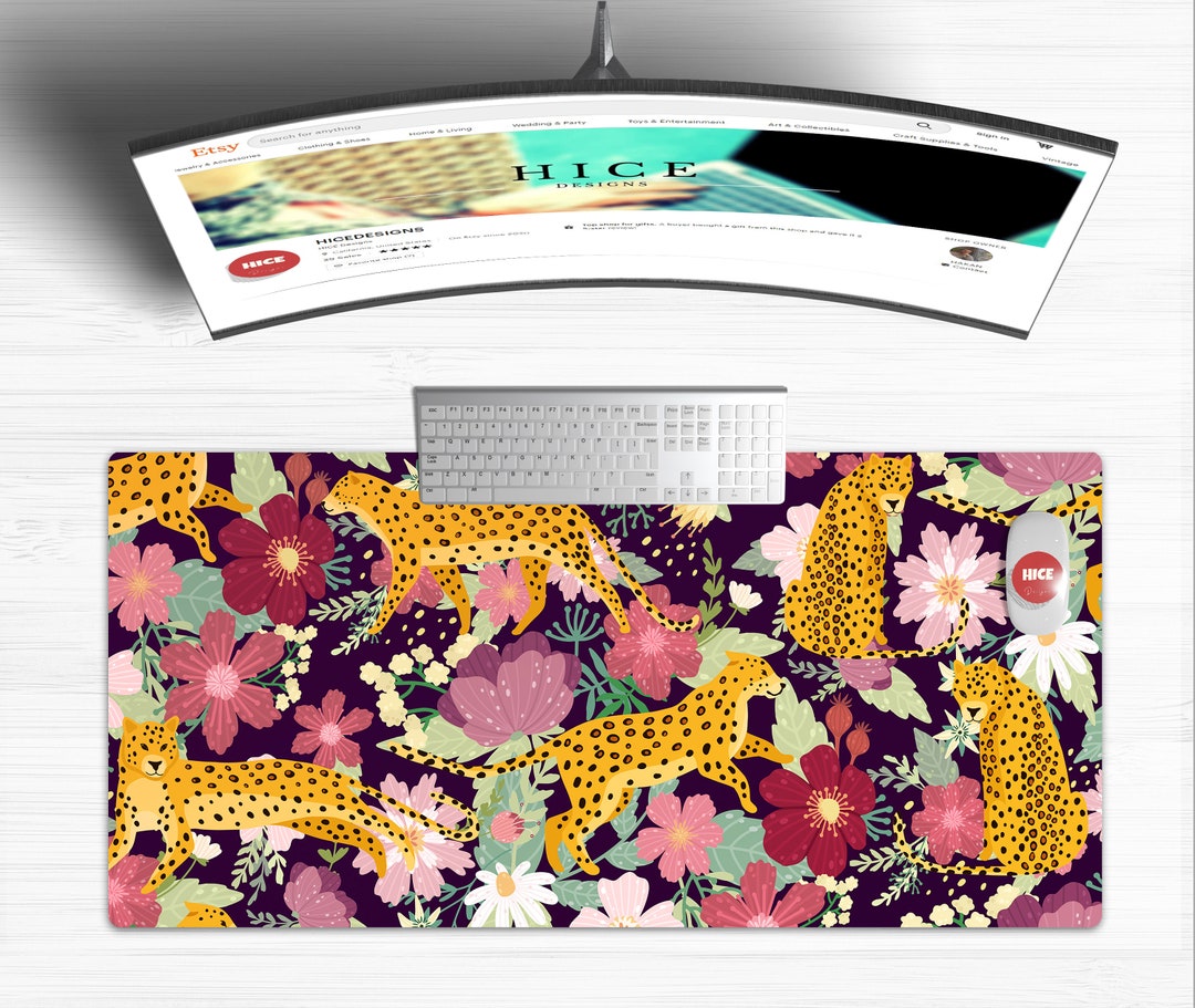 Leopard Print With Tropical Flowers Extra Large Desk Mat , Multiple ...