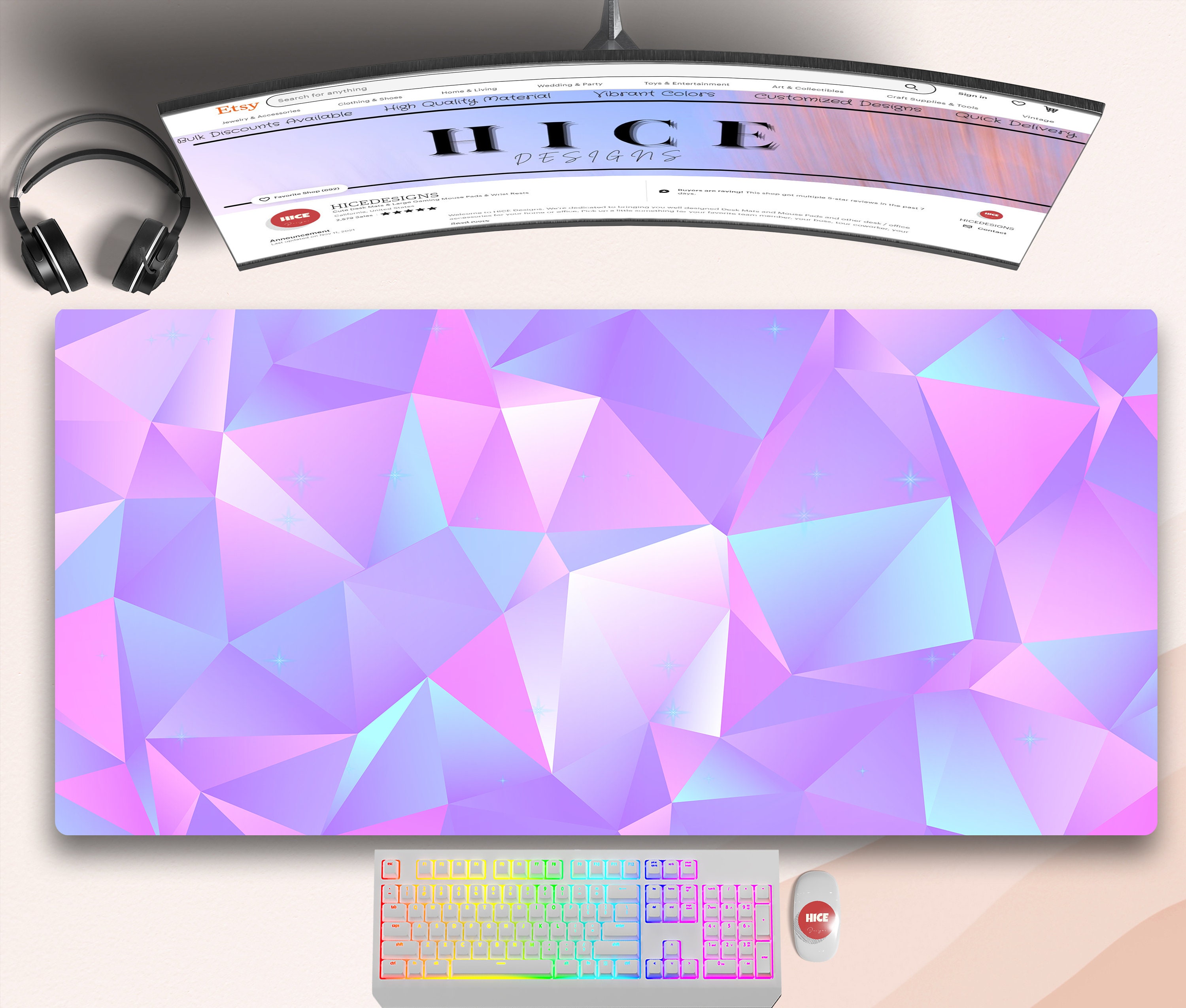 Pastel Kawaii Polygonal Desk Mat Gamer Girl Pastel Purple Etsy
