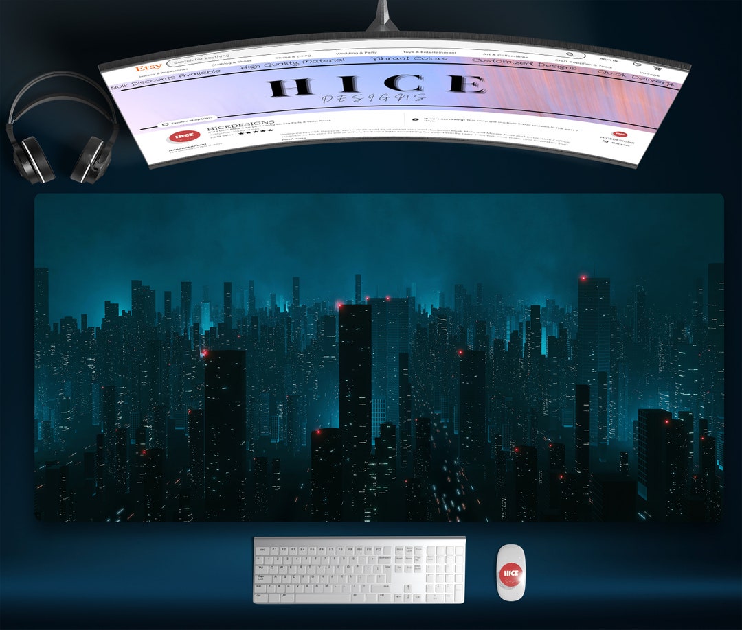 Modern City Under Misty Clouds Desk Mat, Desk Mat Home Office, Cute ...