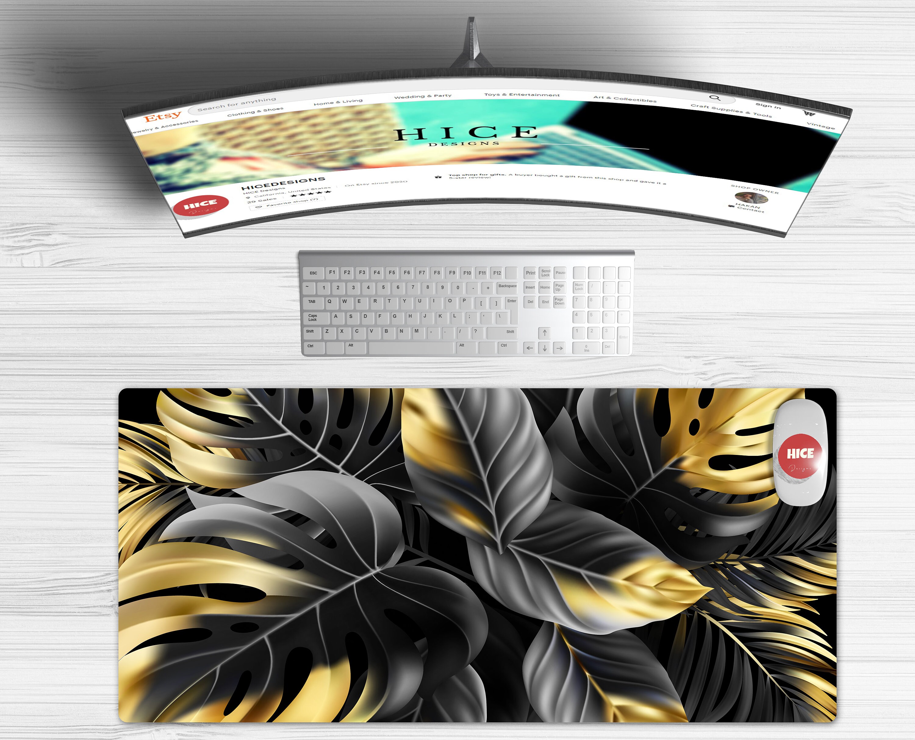 Black and Gold Tropical Leaf Print Desk Mat Trendy Mouse Pad | Etsy