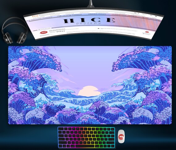 Sunset Behind the Japanese Wave Purple Cute Desk Mat Cute - Etsy