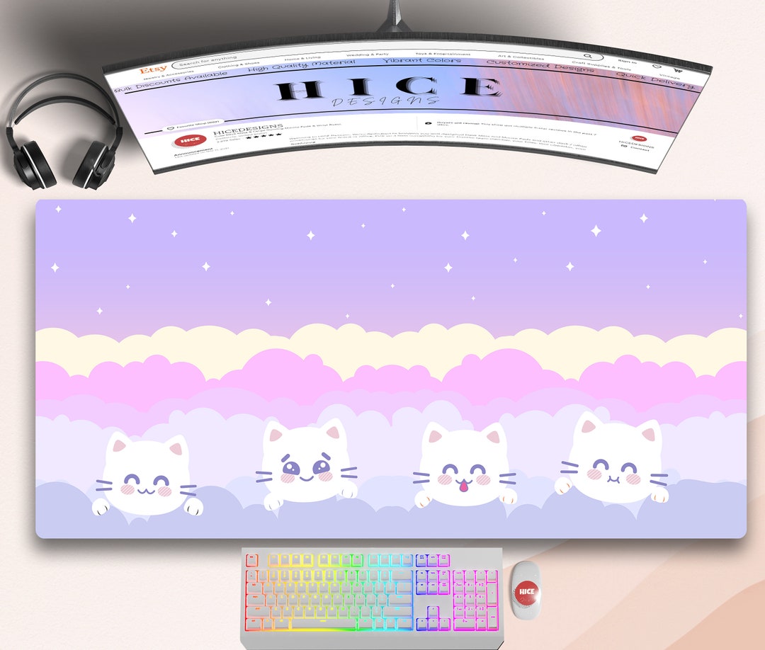 Cute Kitties on the Clouds Pastel Kawaii Desk Mat, Aesthetic Pastel ...