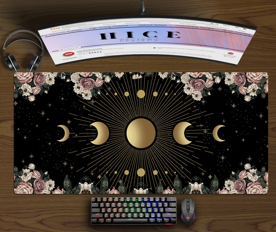 Black Cottagecore Pale Roses Moon Phase Occult Witch Desk Mat, Witchy ...