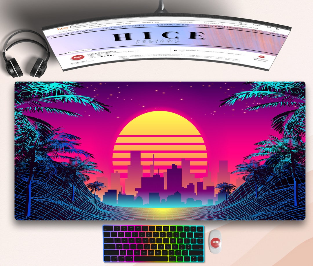 80s Style Retro Tropical Desk Mat Extra Large, Desk Mat Cute, Extended ...