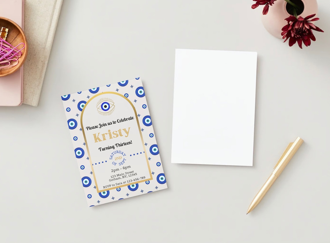 Evil Eye Birthday Invitation - Blue and Gold Theme - Customizable ...