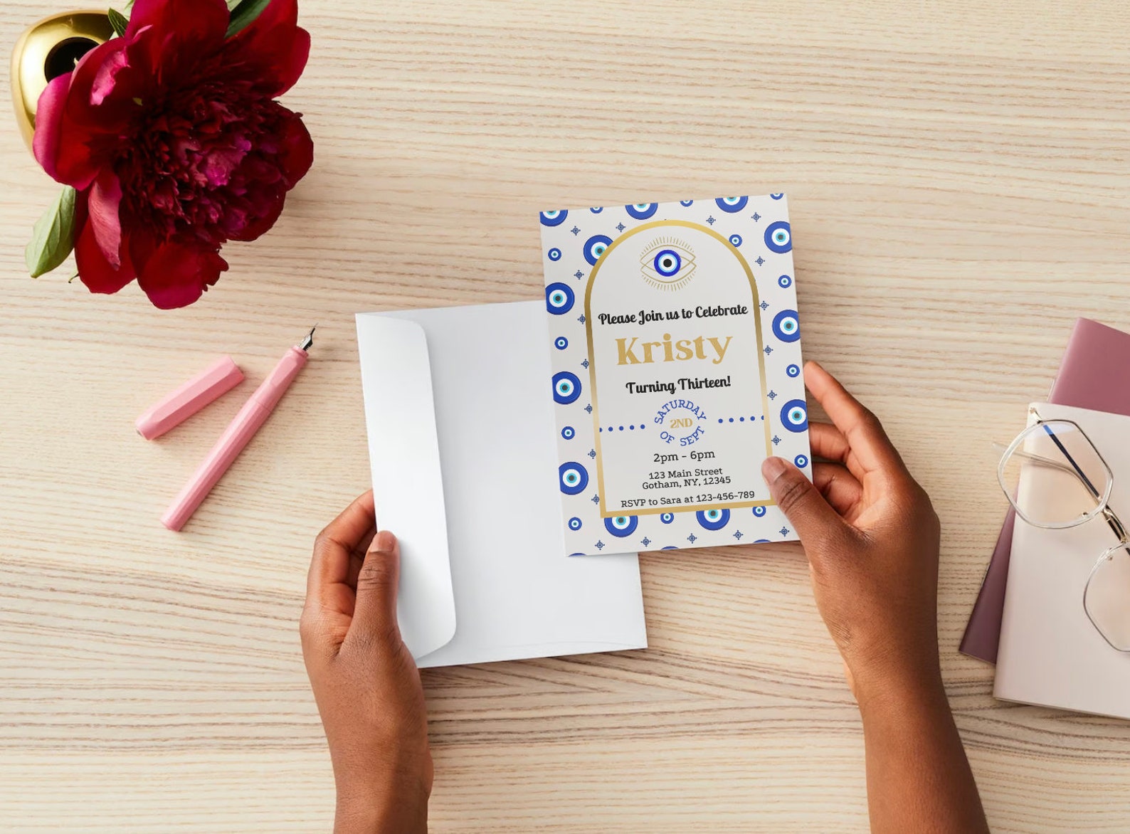 Evil Eye Birthday Invitation - Blue and Gold Theme - Customizable ...