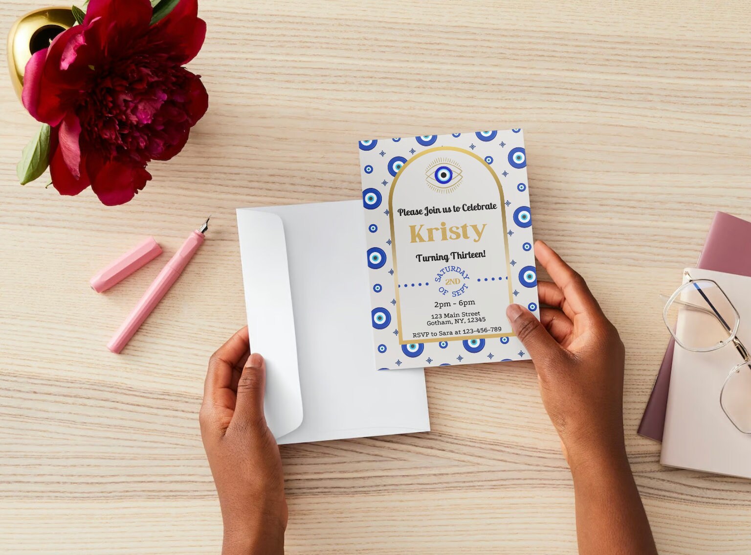 Evil Eye Birthday Invitation - Blue and Gold Theme - Customizable ...