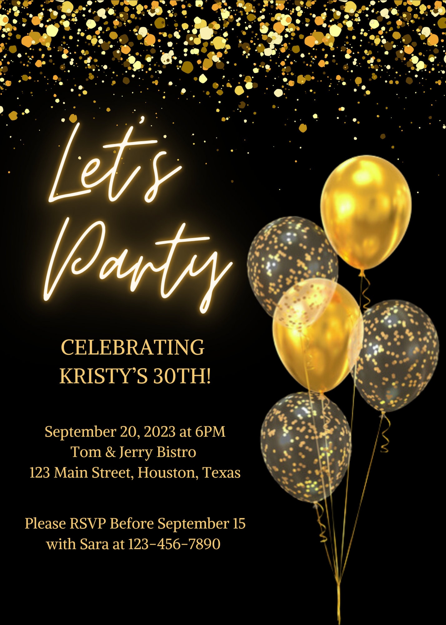 Editable Black and Gold Birthday Invitation, Let's Party Gold Balloons ...