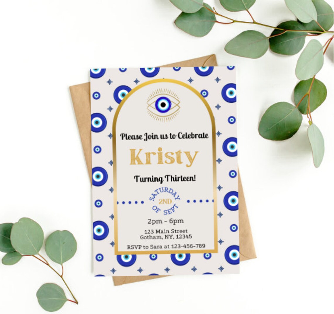 Evil Eye Birthday Invitation - Blue and Gold Theme - Customizable ...