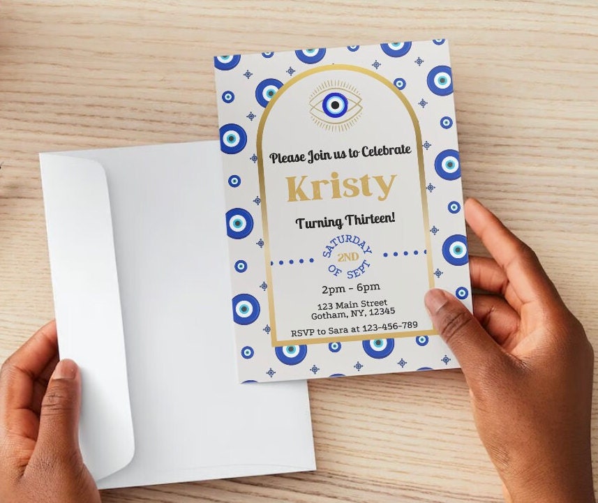 Evil Eye Birthday Invitation - Blue and Gold Theme - Customizable ...