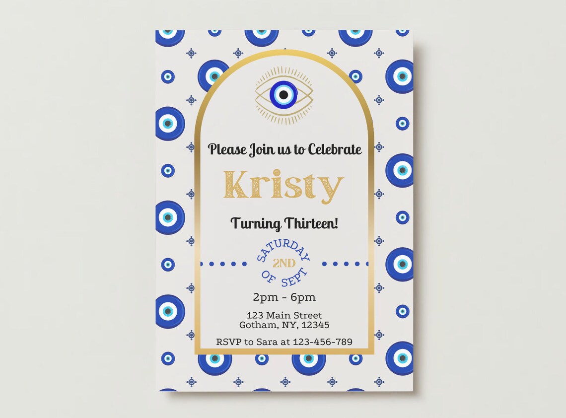 Evil Eye Birthday Invitation - Blue and Gold Theme - Customizable ...