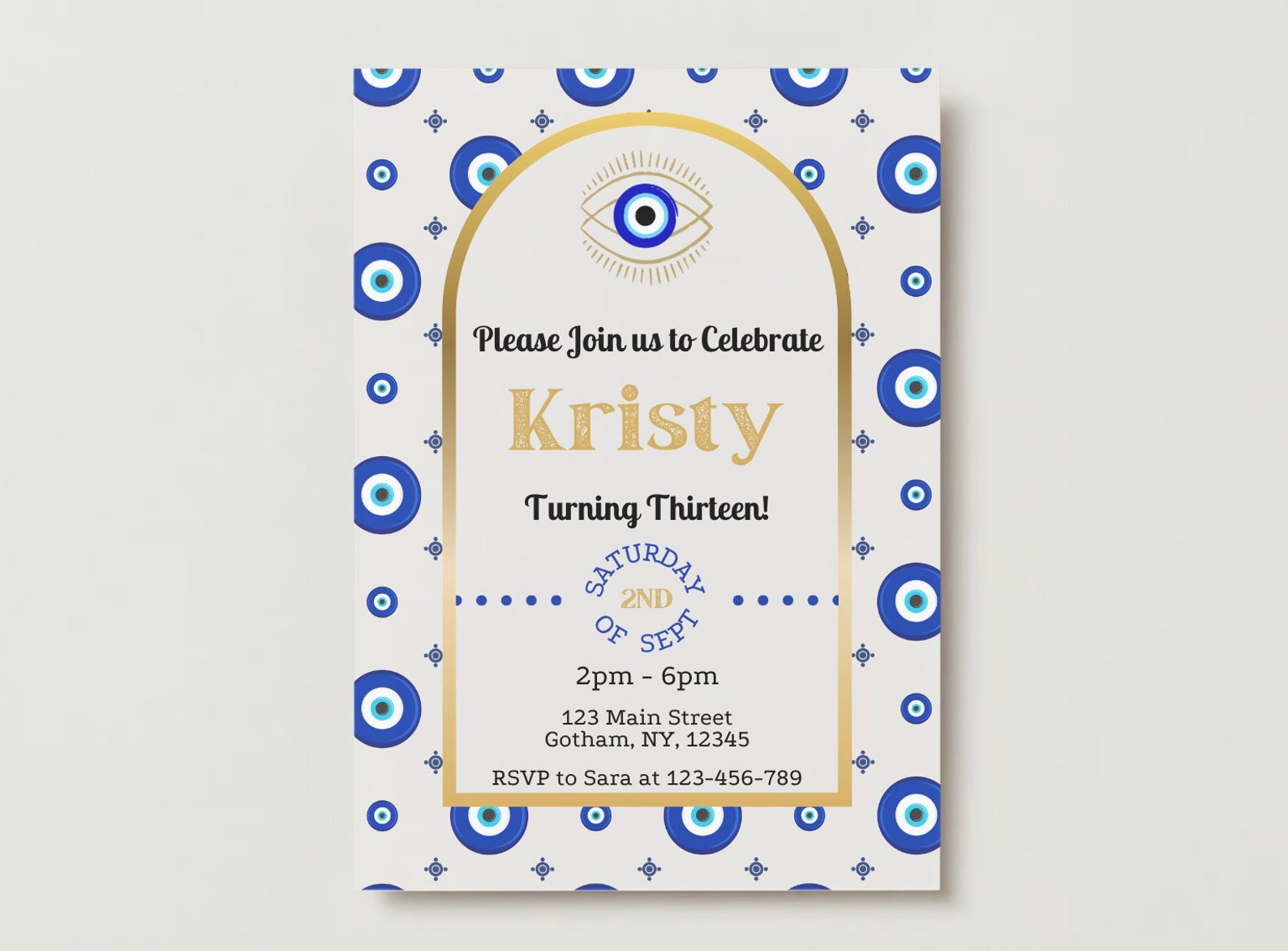 Evil Eye Birthday Invitation - Blue and Gold Theme - Customizable ...