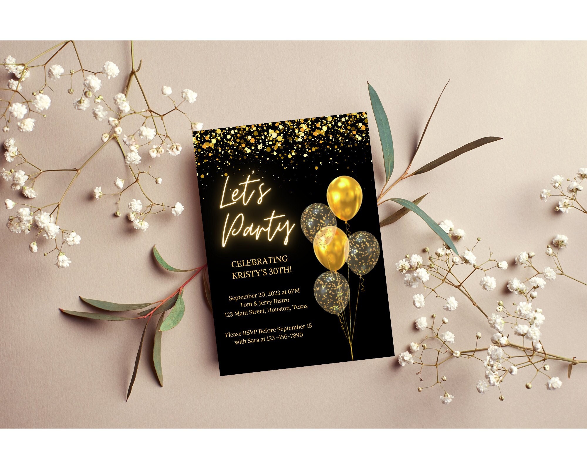 Editable Black and Gold Birthday Invitation, Let's Party Gold Balloons ...