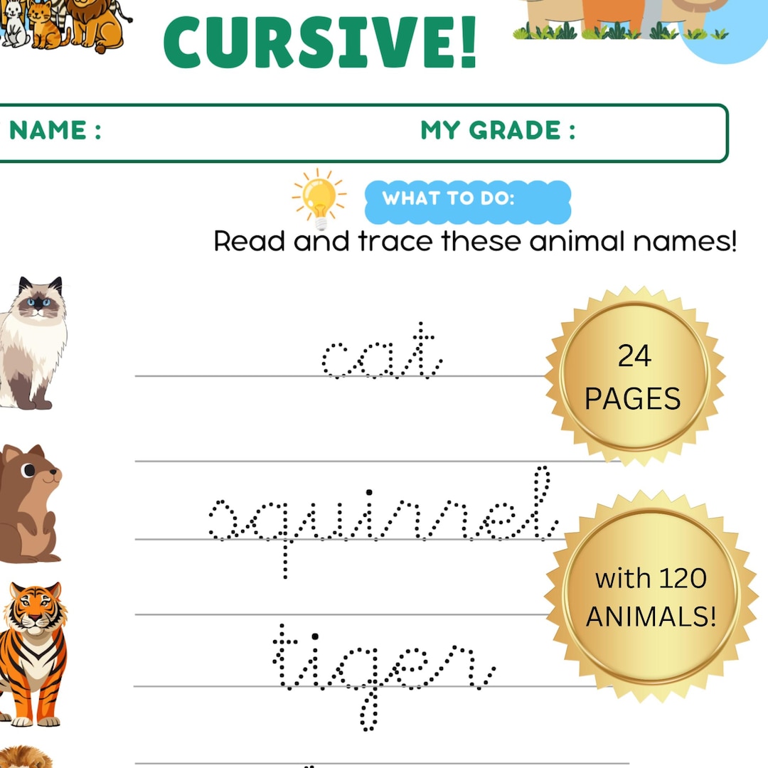 CURSIVE Writing Practice PRINTABLE Sheets for Kids | 24 PAGES | Trace ...