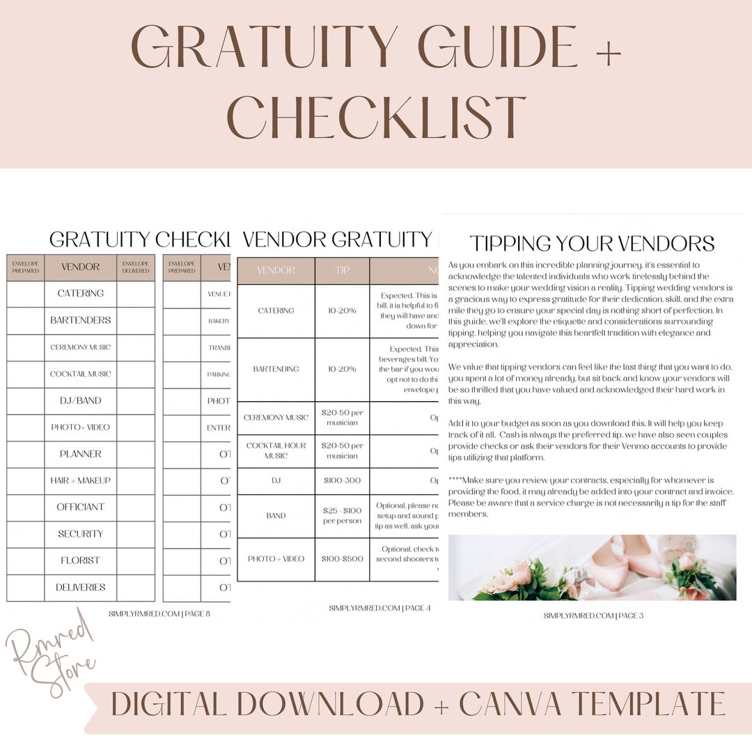 Wedding Gratuity Guide and Checklist - Etsy