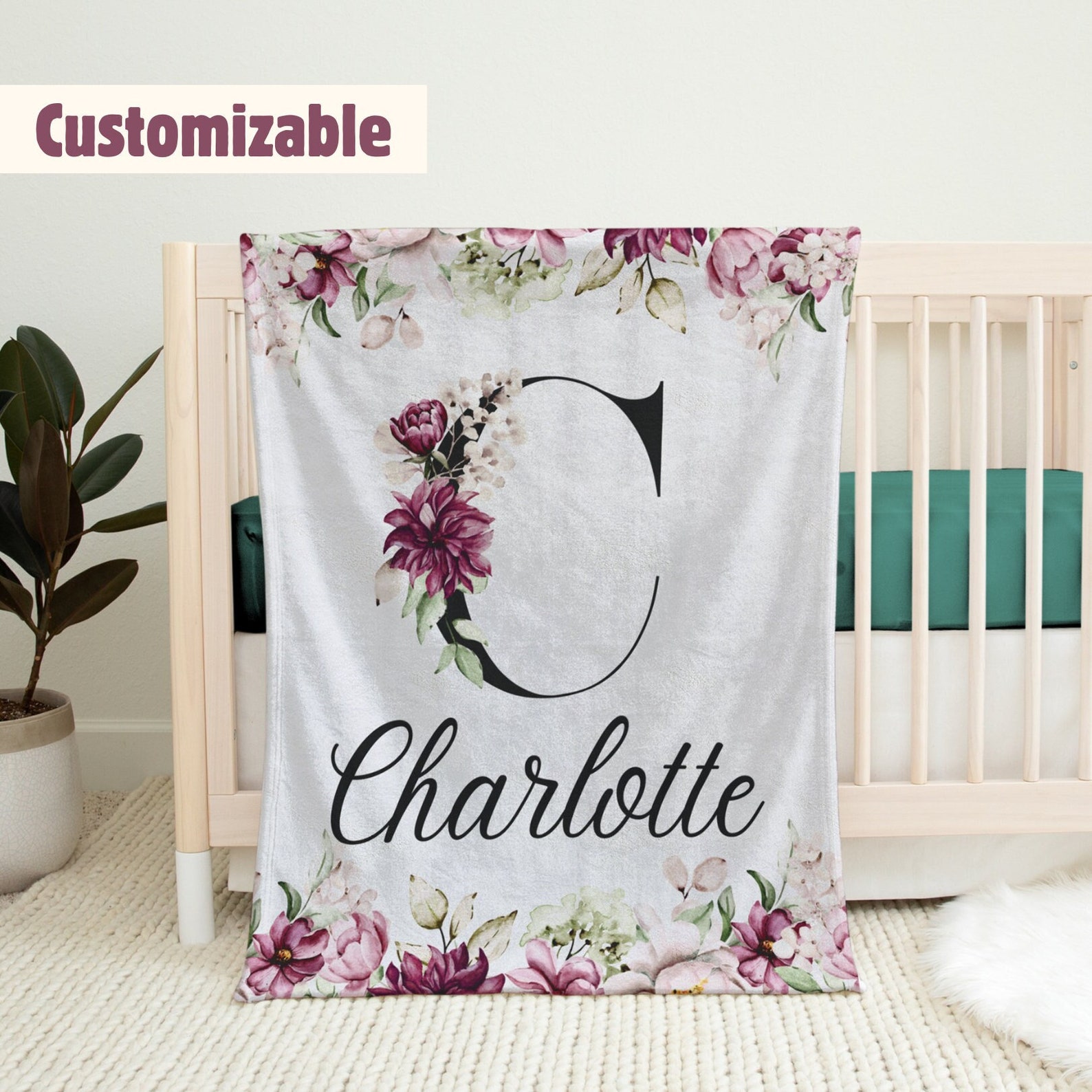 Floral Personalized Baby Blanket Custom Name & Initial Blanket Baby ...