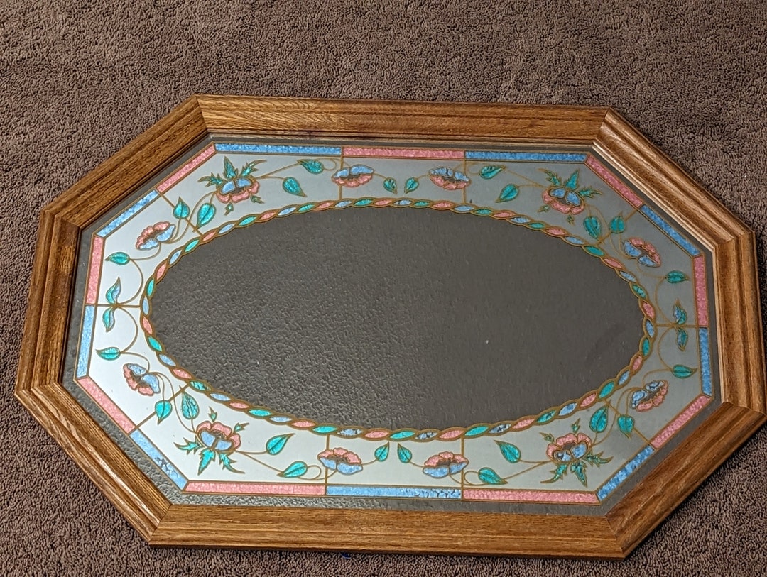 Vintage Octagon Etched Rope Oval Mirror, Color Glass, Real Wood Framed ...