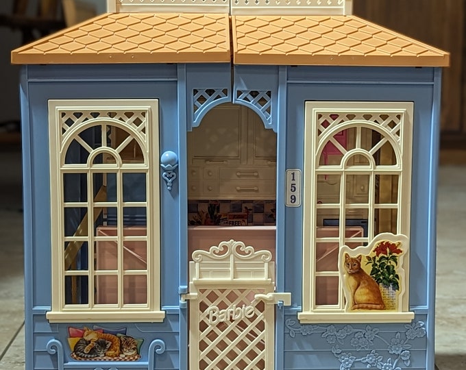 Vintage Foldup Barbie House, 1998 Family Cottage Blue Barbie House ...