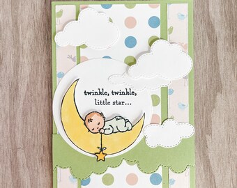 Baby Card Girl - Baby Moon - Twinkle Twinkle - Star - Clouds - Handmade ...