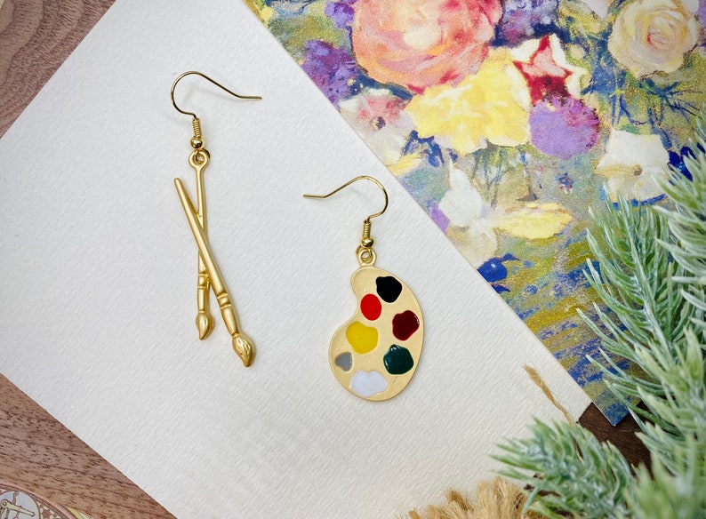 Enamel Charm Paintbrush Charm & Paint Pallet Charm Earring | Etsy