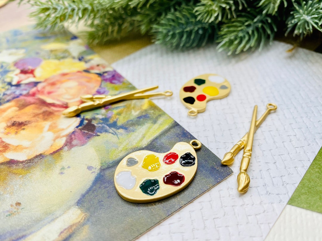 Enamel Charm, Paintbrush Charm & Paint Pallet Charm, Earring Pendant ...