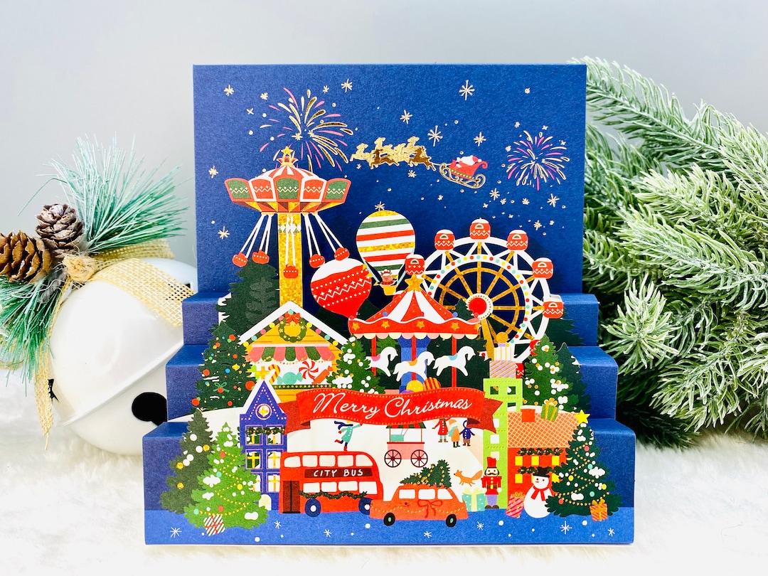 Christmas Theme Park 3d Pop Up Christmas Card Snowy Holiday Blue