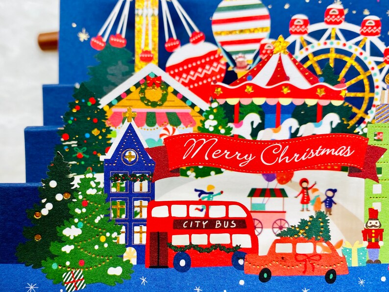 Christmas Theme Park, 3D Pop up Christmas Card, Snowy Holiday, Blue ...