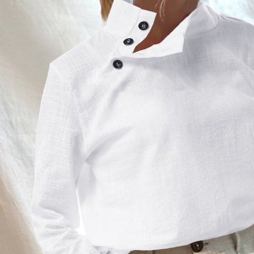 White Button up Shirt Women Cotton Long Sleeve Collar Blouse | Etsy