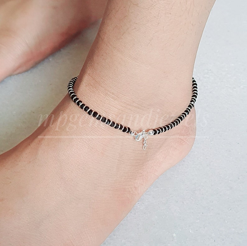 925 Sterling Silver Ankle&hand Bracelet-black Beaded - Etsy UK