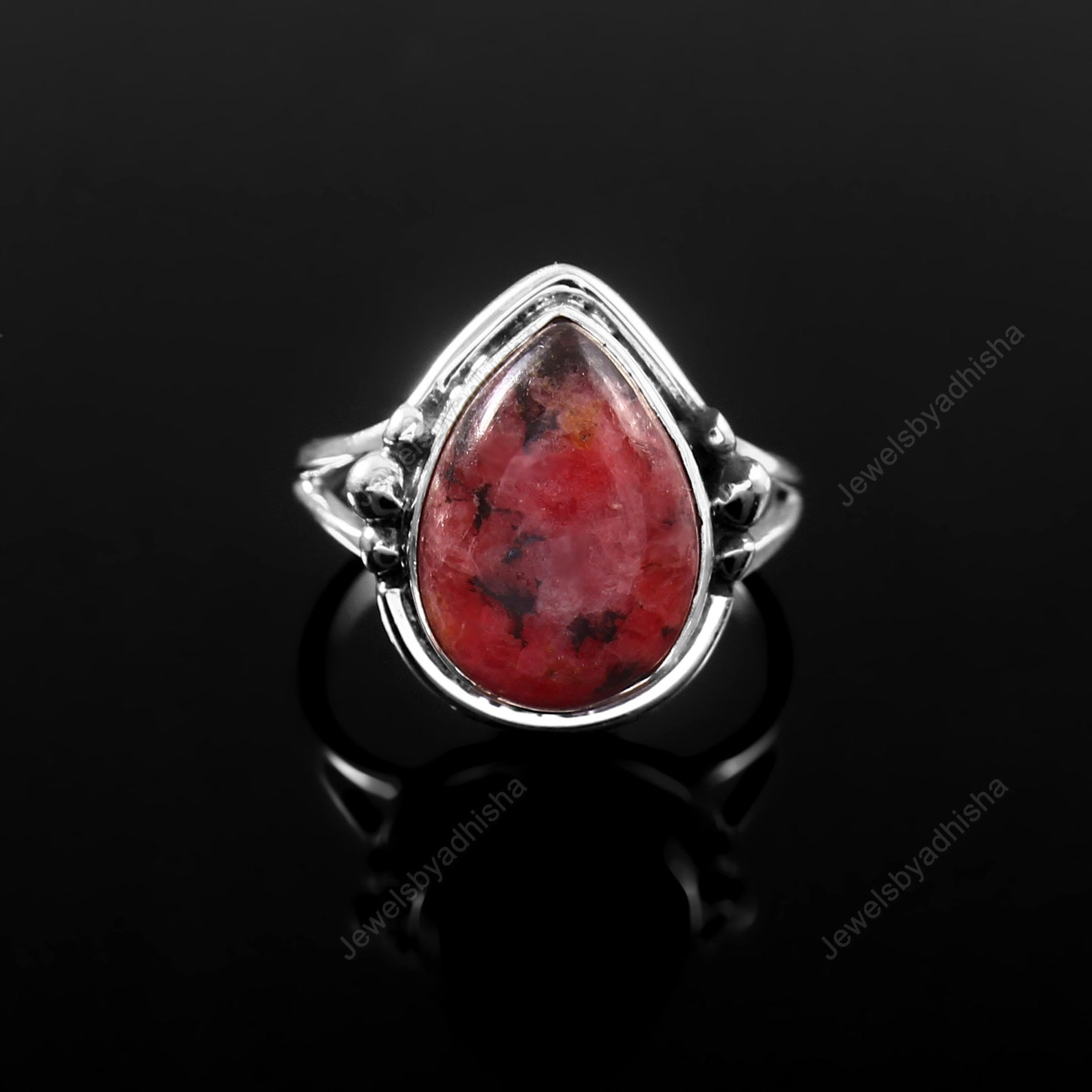 Natural Rhodonite Ring*pear Pink Gemstone Ring*925 Sterling Silver Ring ...