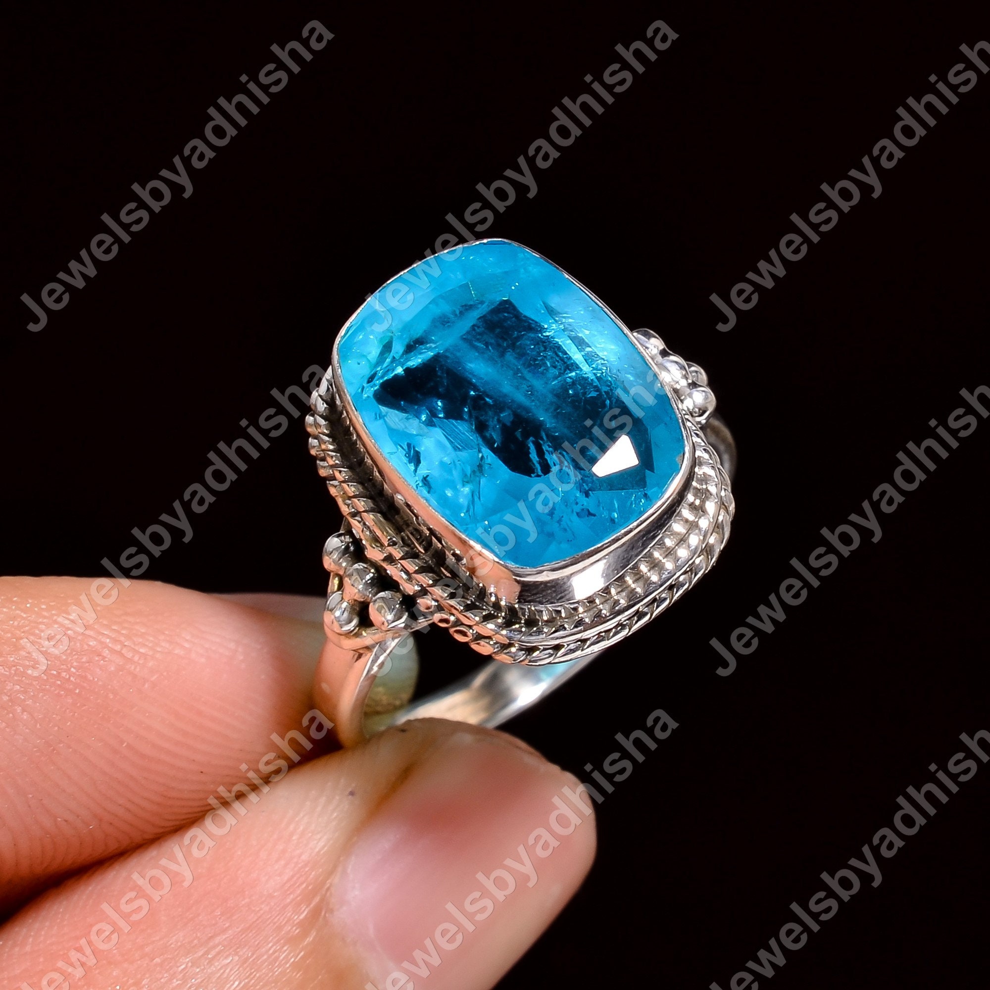 Apatite Ring, 925 Sterling Silver, Dainty Proposal Cushion Cut Vintage ...