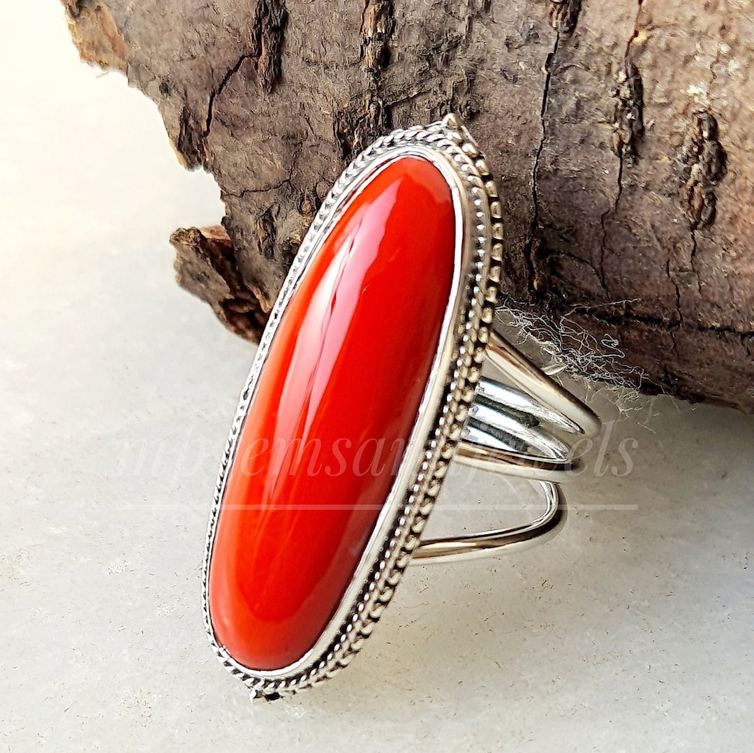 Red Coral Ring, 925 Sterling Silver Rings, 10x30 Mm Long Oval Coral ...