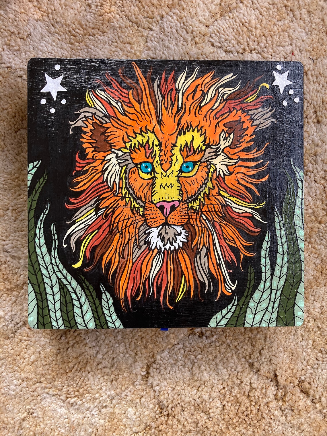 SOLD Hand-painted Wood Lion Box by Dave Hill - Etsy