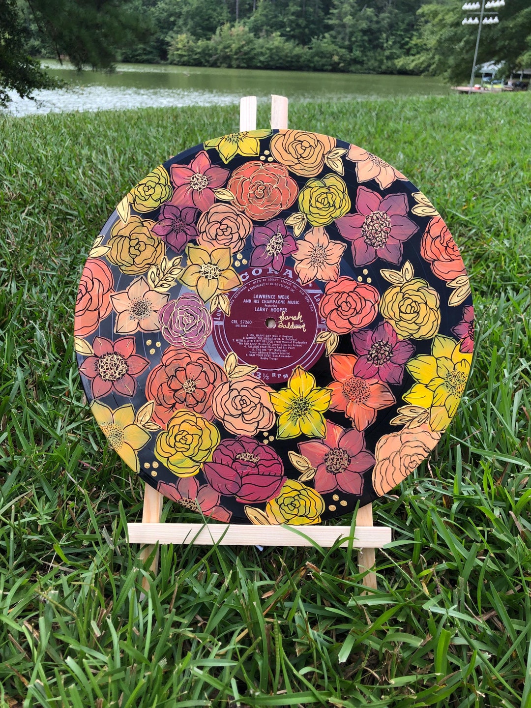 Fall Floral Painted Vinyl Record, Vintage Floral, Acrylic Painted Vinyl ...