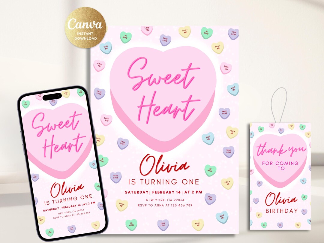 Sweetheart Candy Birthday Invitation, Editable Party Template for Kids ...